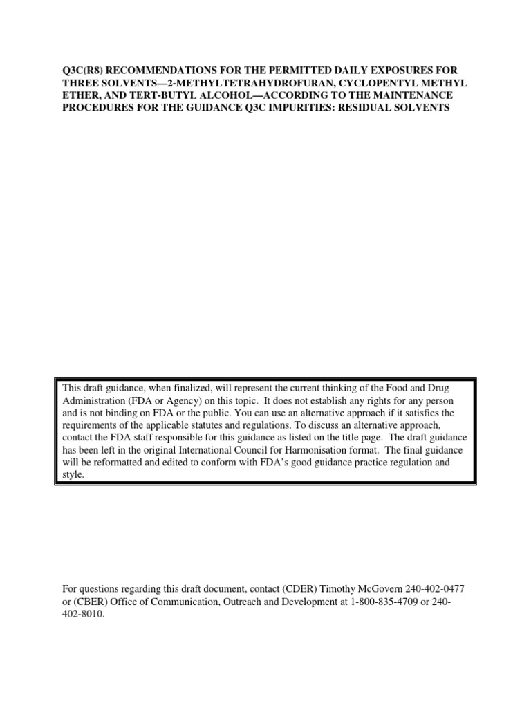 Q3C (R8) Recommendations For The Permitted Daily Exposures For Three ...