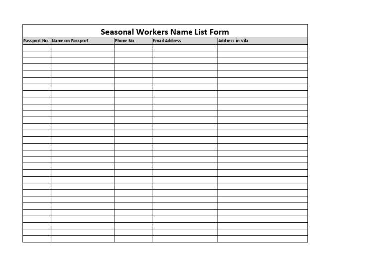 Seasonal Workers Name List Form | PDF