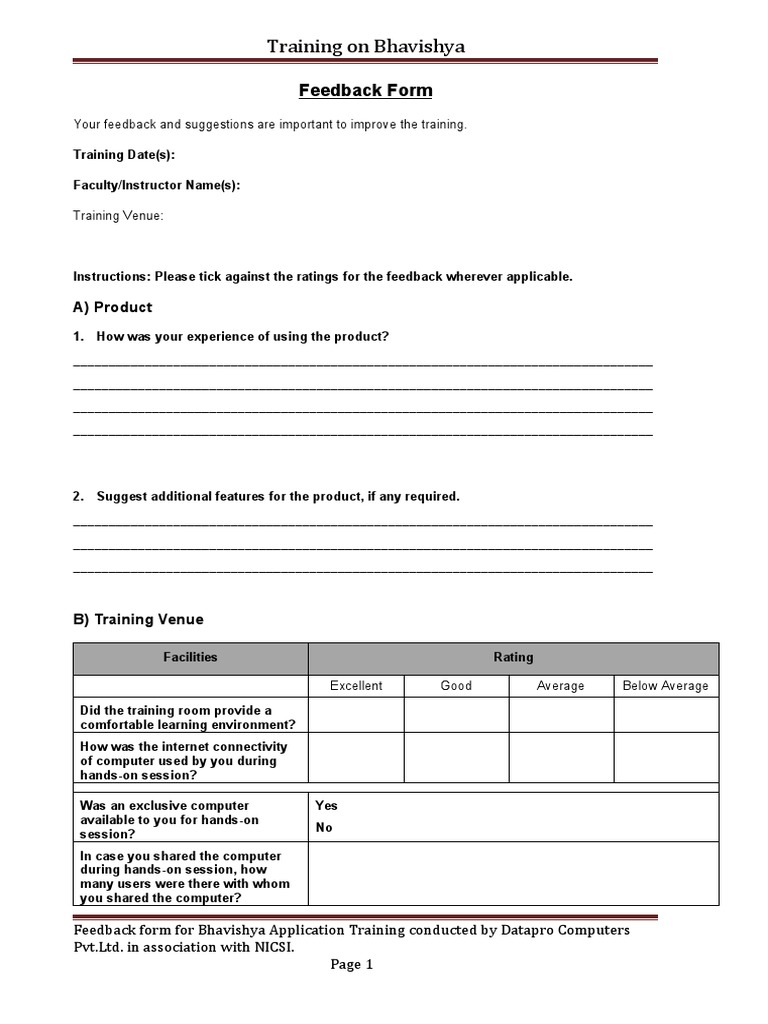 Training On Bhavishya: Feedback Form | PDF | Software | Pedagogy