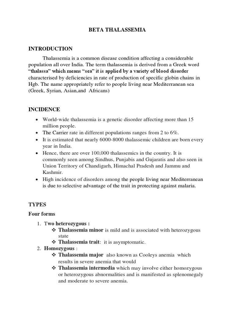 Beta Thalassemia: Types Four Forms | PDF | Anemia | Tissue (Biology)