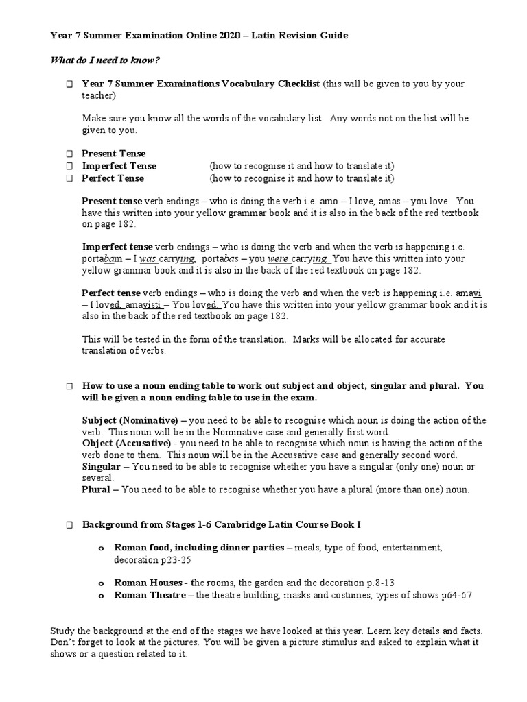 Year 7 Latin Summer Exam Checklist 2020 | PDF | Grammatical Tense | Latin