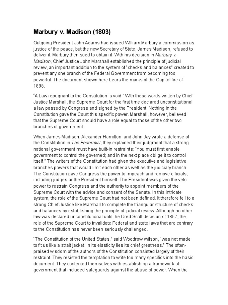 Marbury v. Madison (1803) : Madison, Chief Justice John Marshall ...