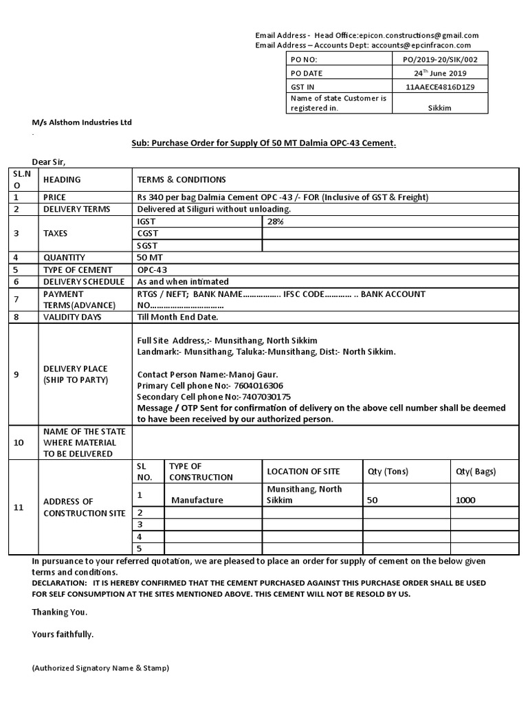 Sub: Purchase Order For Supply of 50 MT Dalmia OPC-43 Cement | PDF ...