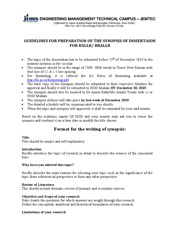 Dissertation Synopsis GuIdelines | PDF | Thesis | Inquiry