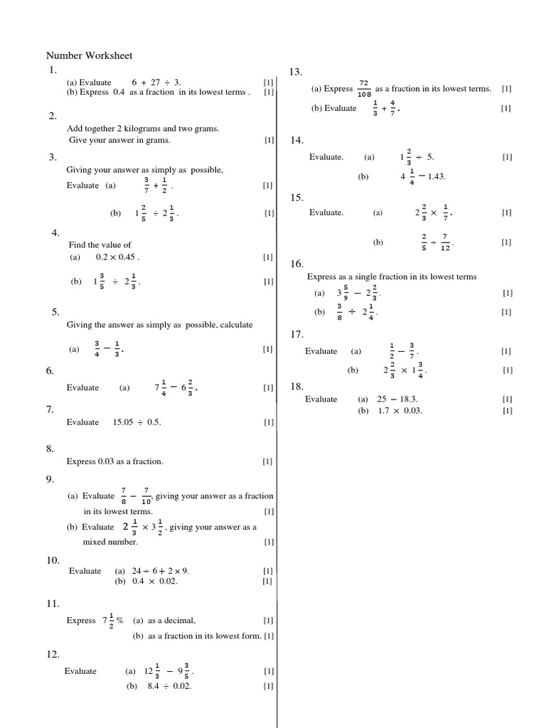 Number Worksheet | PDF | Fraction (Mathematics) | Elementary Mathematics