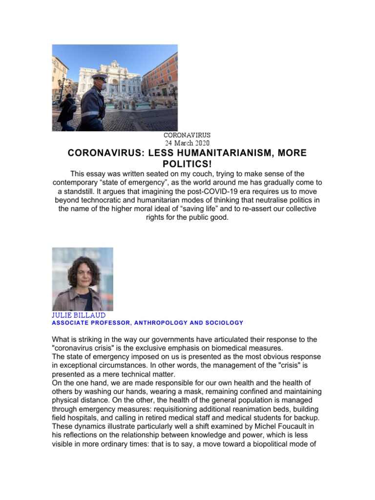 Coronavirus: Less Humanitarianism, More Politics!: Julie Billaud | PDF ...