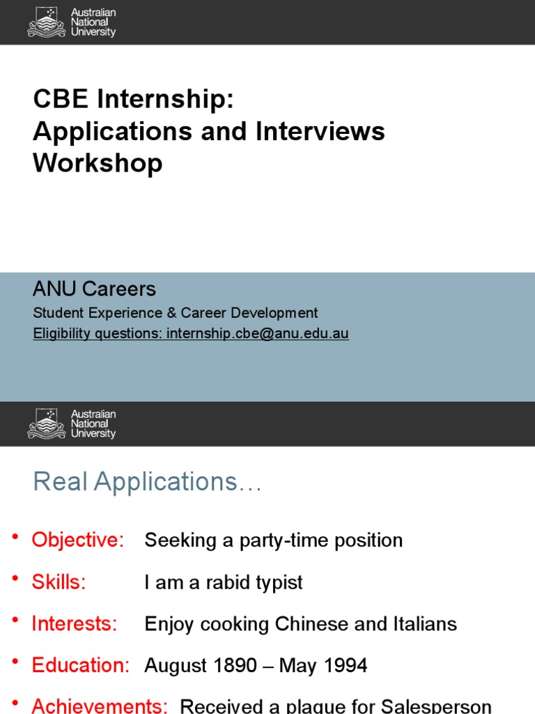 CBE Internship: Applications and Interviews Workshop: ANU Careers | PDF ...