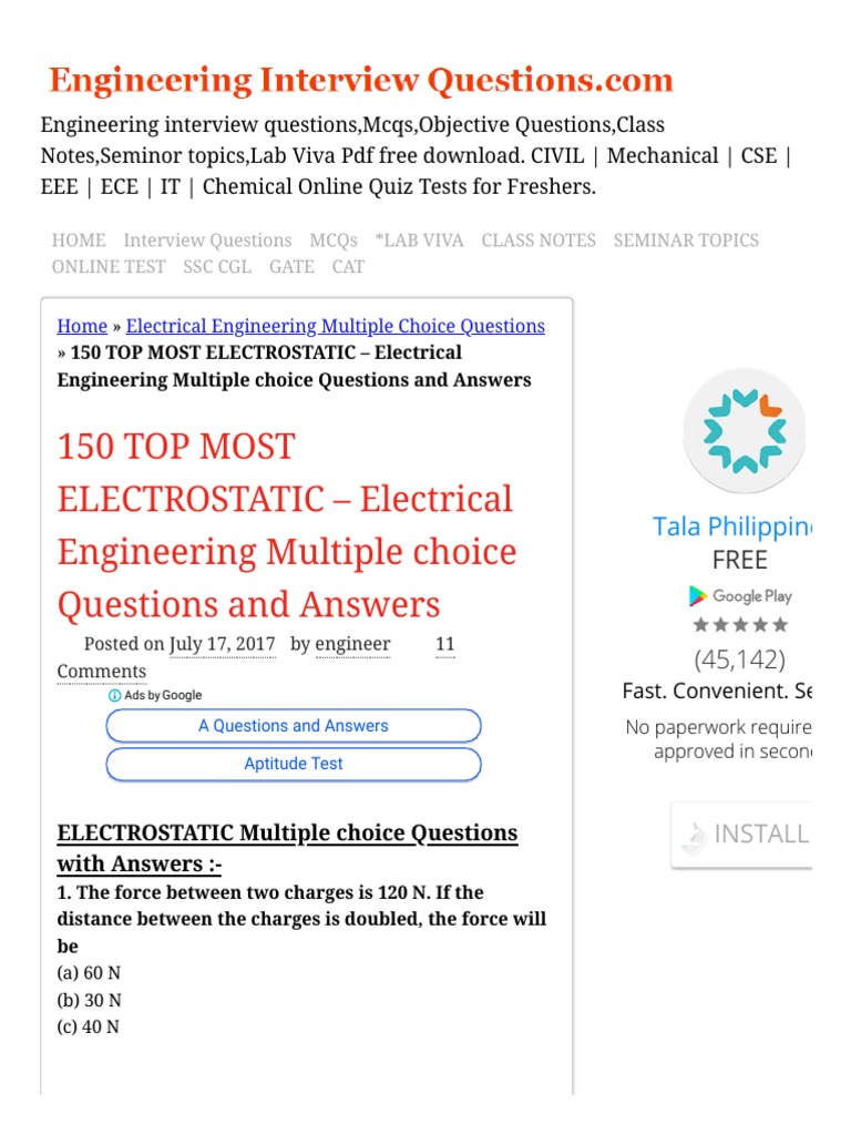 150 TOP ELECTROSTATIC Multiple Choice Questions and Answers | PDF ...