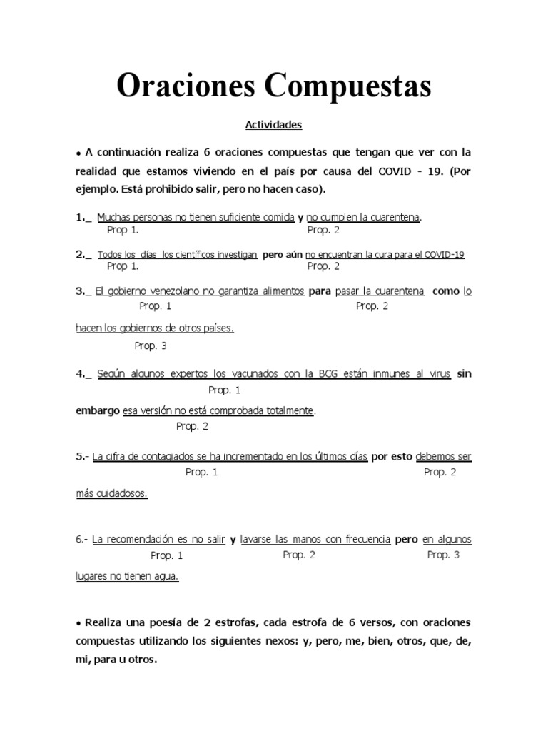 Ejemplos De Oraciones Complejas Oraciones COMPUESTAS Colegio Sagrada
