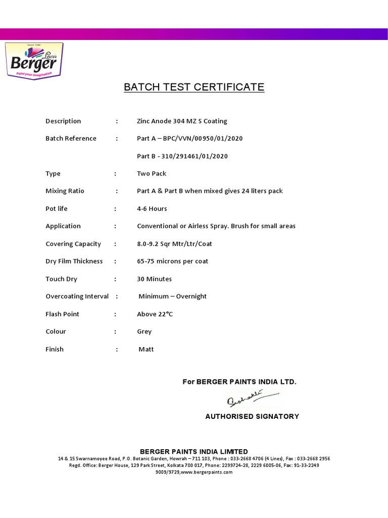 Batch Test Certificate: For Berger Paints India LTD | PDF