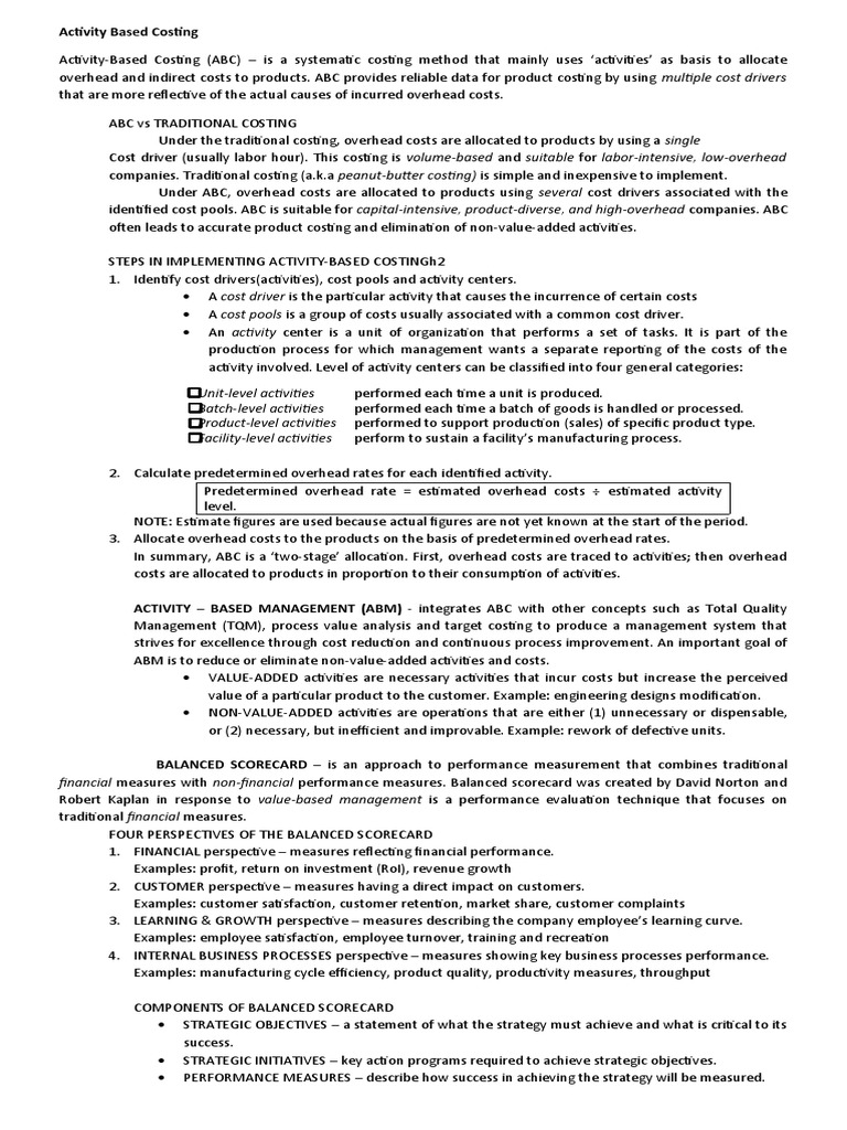 Activity Based Costing: Unit-Level Activities Batch-Level Activities ...