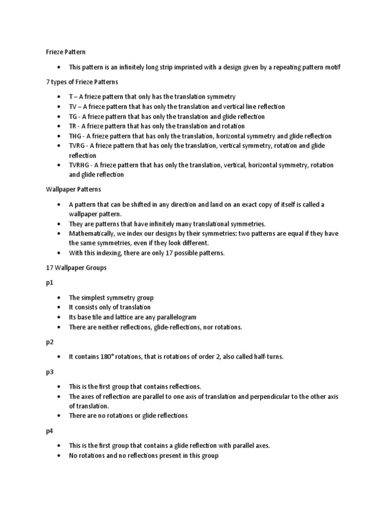 7 Types of Frieze Patterns and 17 Wallpaper Symmetry Groups | PDF ...
