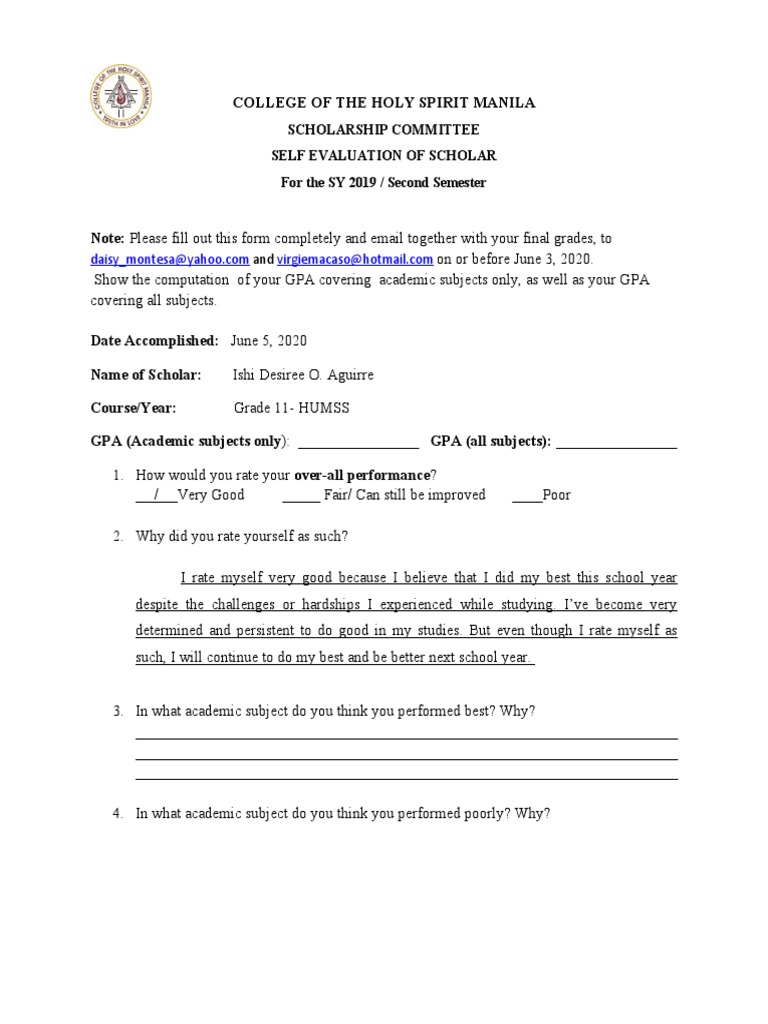Scholarship Committee Self Evaluation of Scholar For The SY 2019 / Second Semester | PDF ...