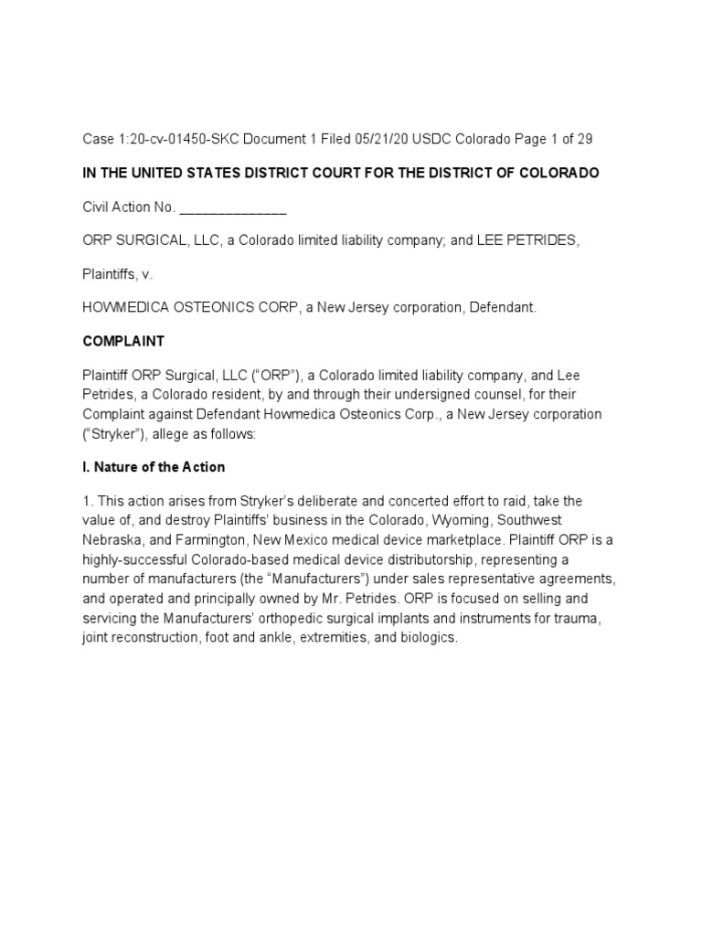 Case 1 - 20-Cv-01450-SKC - Stryker Vs ORP Surgical | PDF