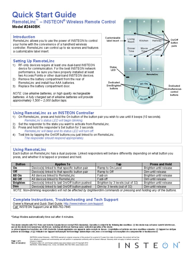 Quick Start Guide: Remotelinc - Insteon Wireless Remote Control | PDF ...