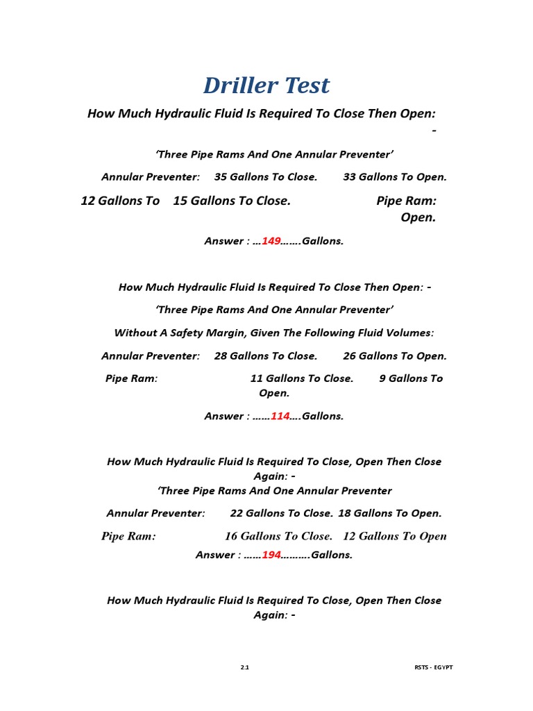 Driller Test With Answers PDF | PDF | Casing (Borehole) | Gases