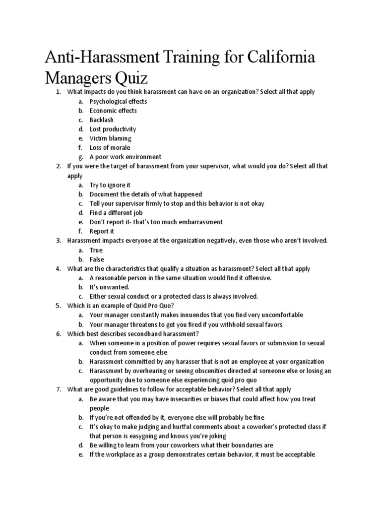California Anti-Harassment Training Quiz | PDF | Sexual Harassment ...