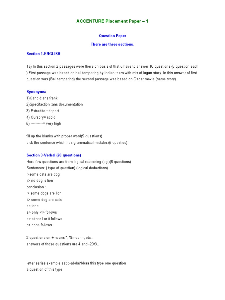 ACCENTURE Placement Paper | PDF | Question | Computer Programming