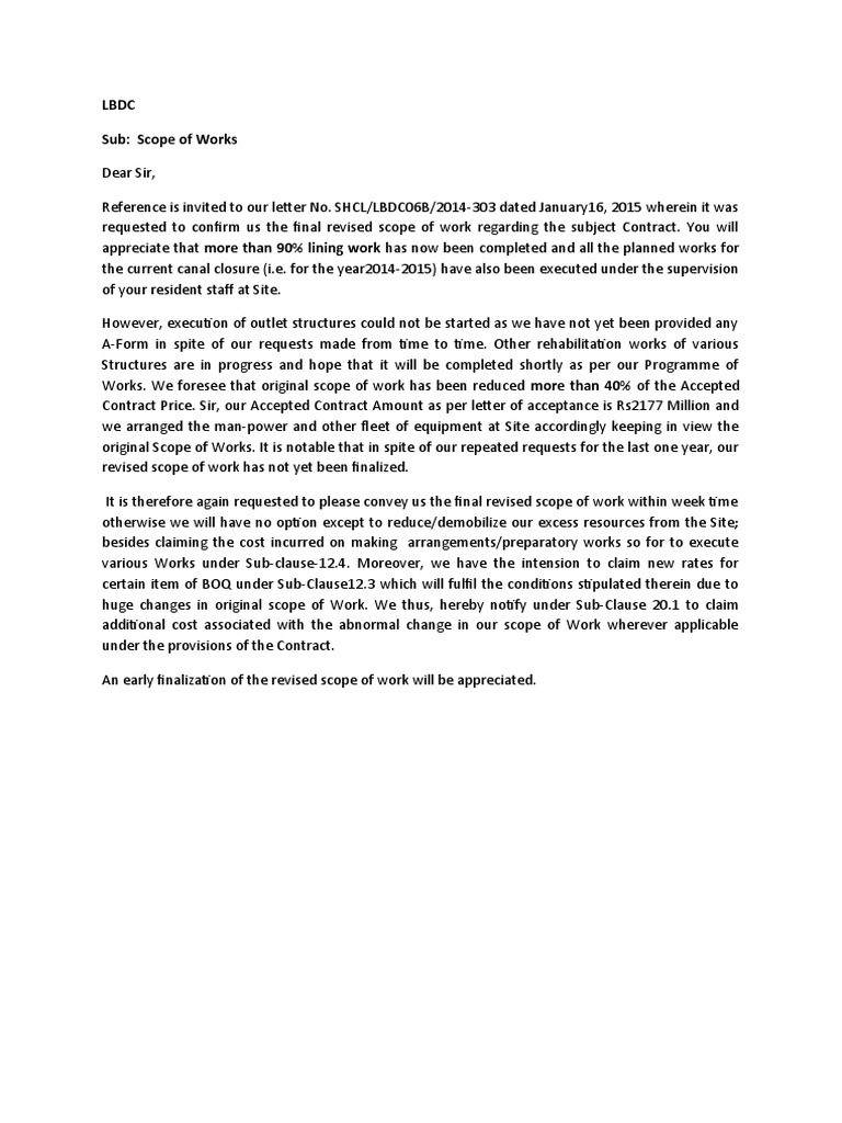 Sample Letter - Request To Finalize Scope of Work | PDF
