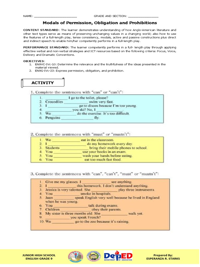 Modals of Permission, Obligation and Prohibitions | PDF