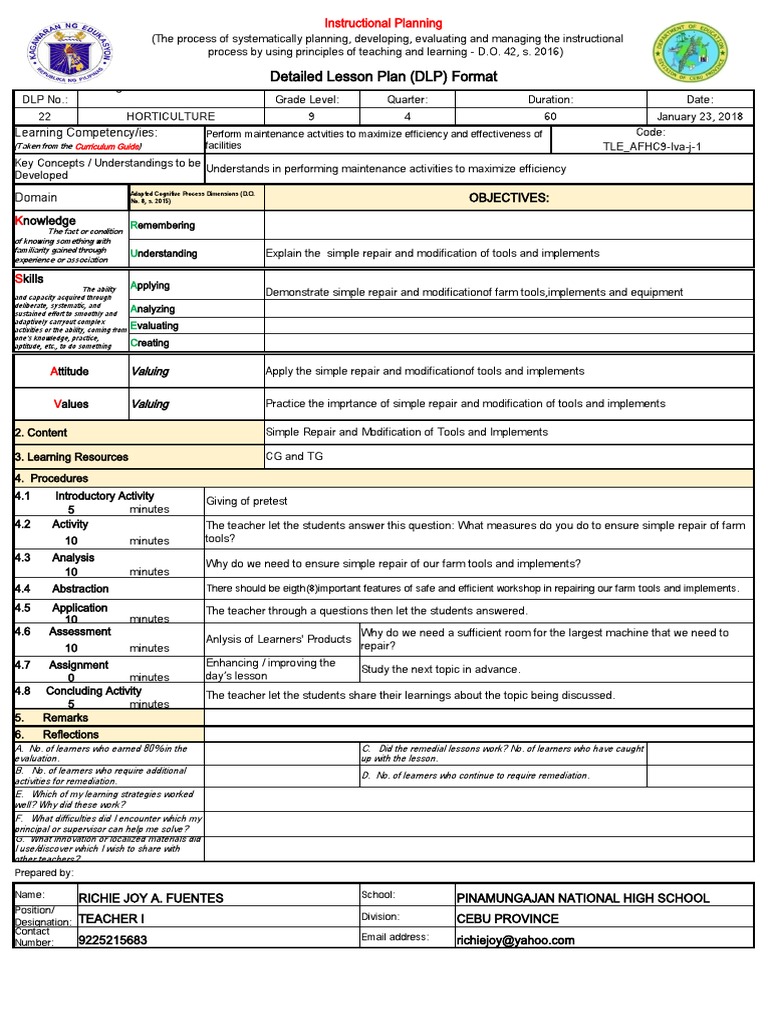 Detailed Lesson Plan (DLP) Format: Learning Competency/ies | PDF ...