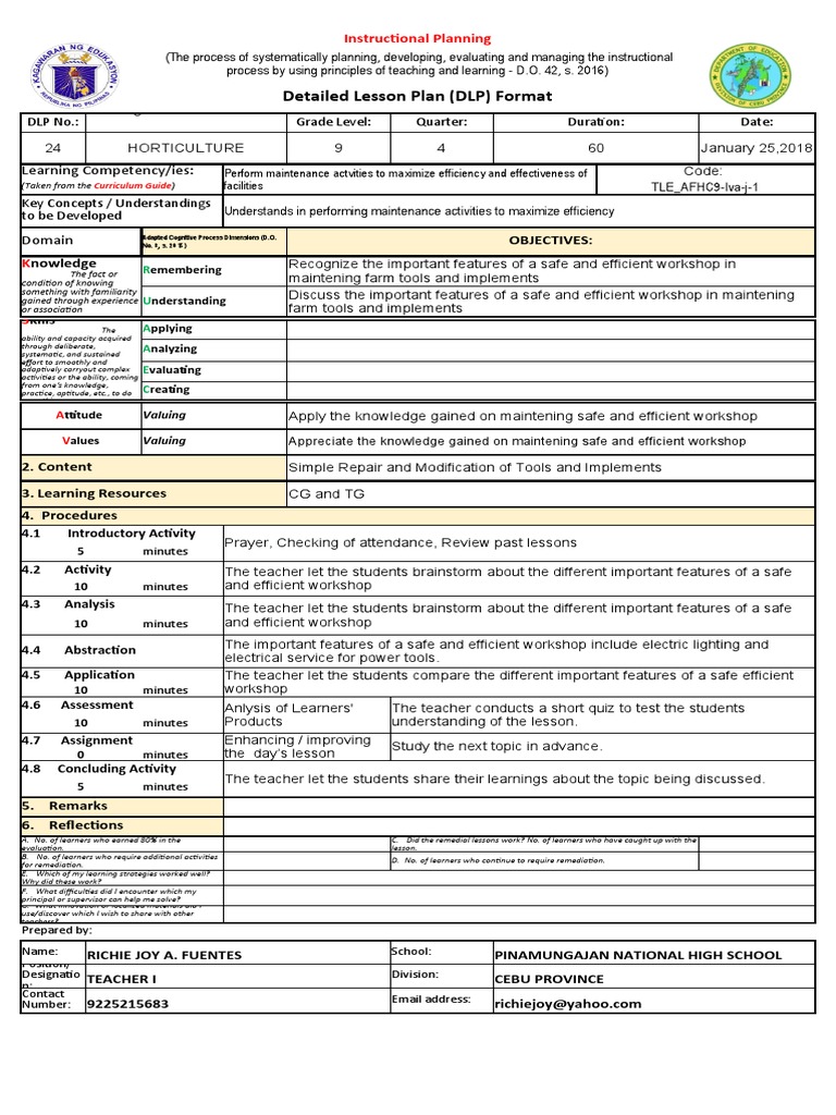 Detailed Lesson Plan (DLP) Format: Learning Competency/ies | PDF ...