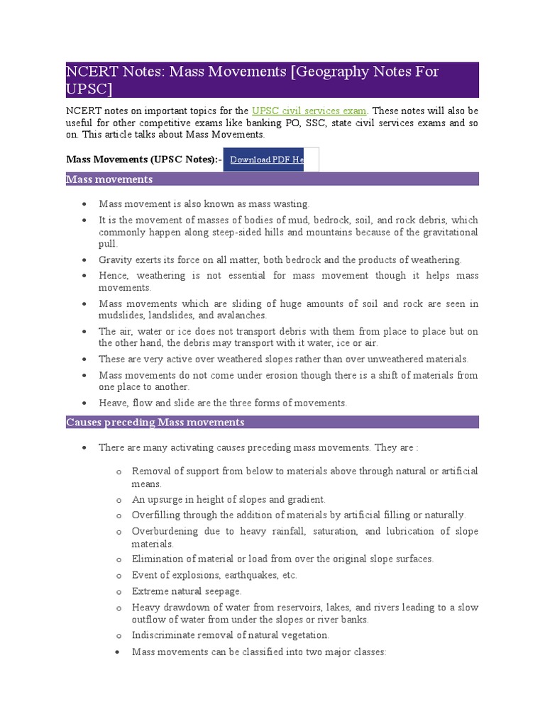 Understanding Mass Movements: A Summary of NCERT Notes on Types, Causes ...