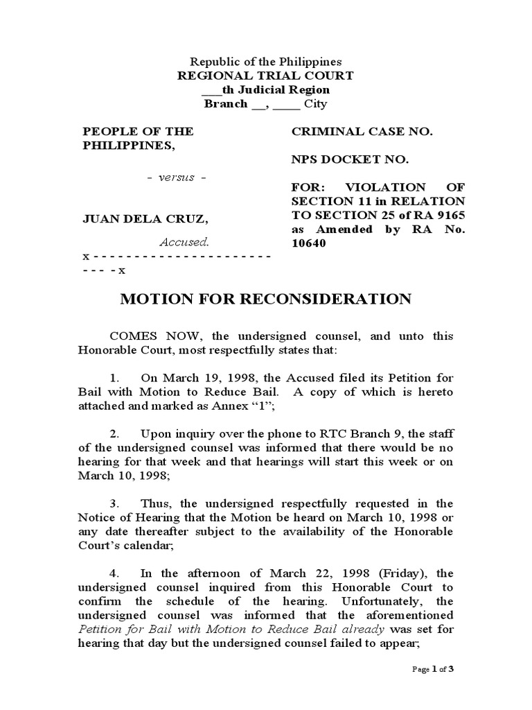 Motion For Reconsideration - Absence Hearing - Sample | PDF | Bail | Prosecutor