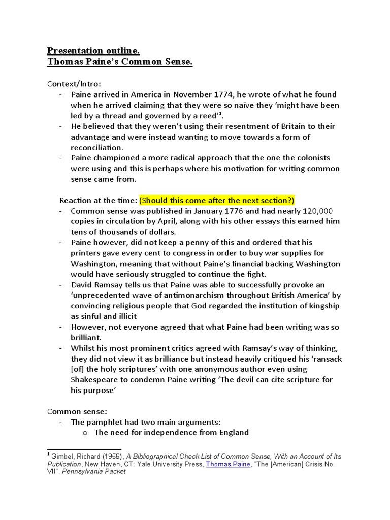 Presentation Outline. Thomas Paine's Common Sense | PDF | Common Sense ...