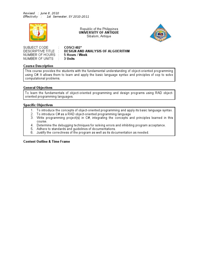 Design and Analysis of Algorithm Syllabus | PDF | Object Oriented ...