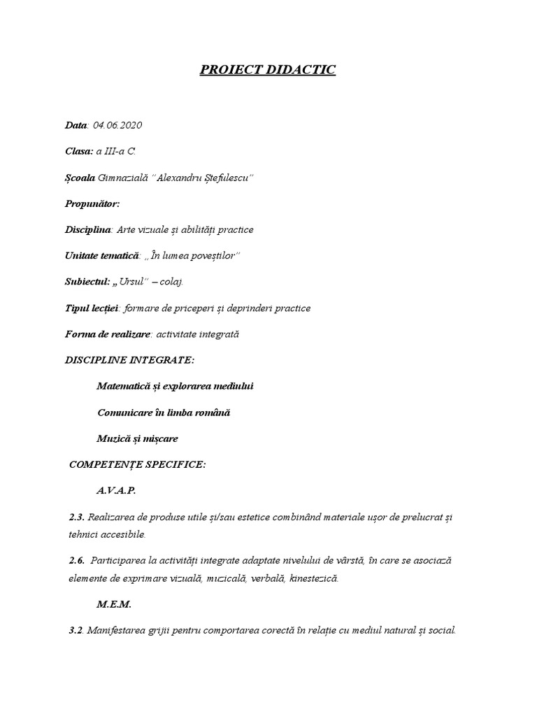 Proiect de Lectie - AVAP-clasa A III-a | PDF