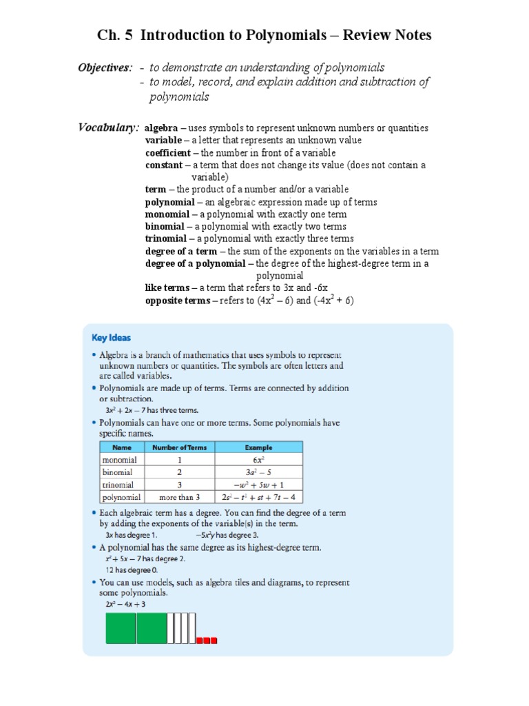 Ch. 5 Introduction To Polynomials - Review Notes | PDF | Polynomial ...