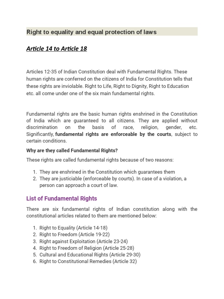 Article 14 To Article 18: Right To Equality and Equal Protection of ...