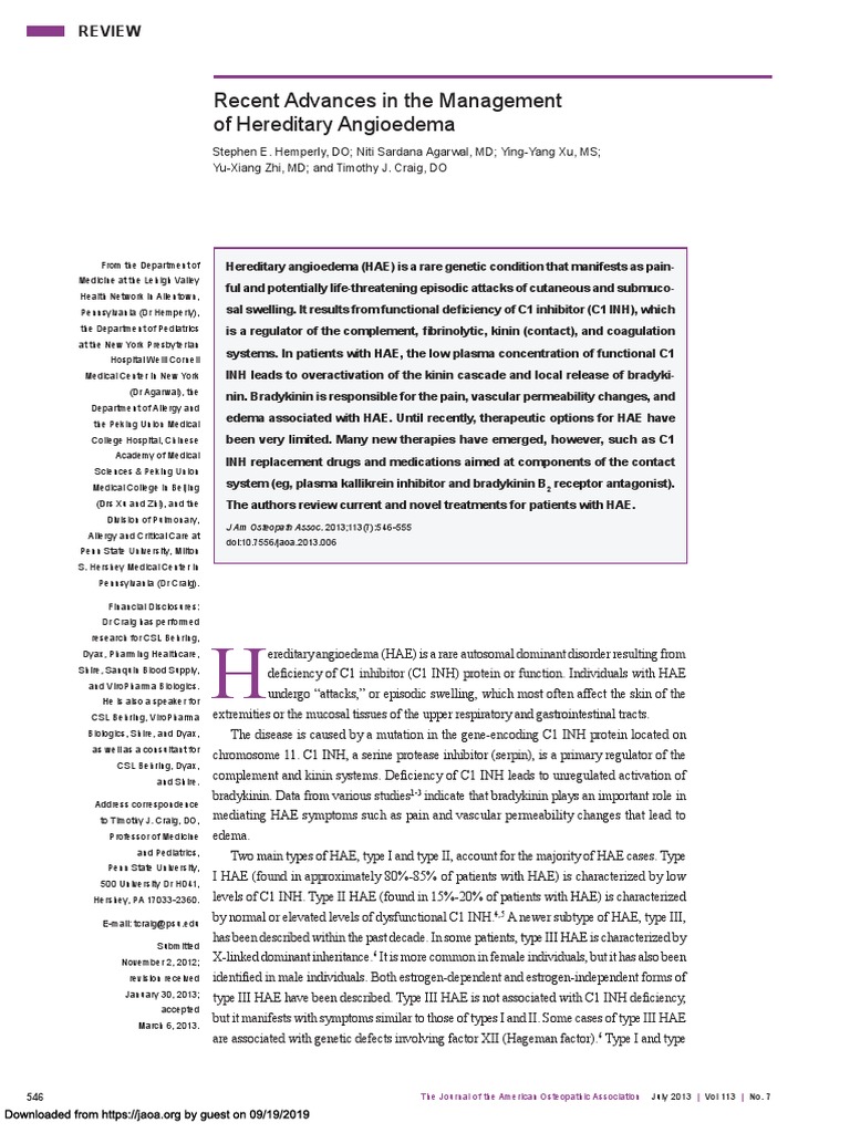 Recent Advances in the Management of Hereditary Angioedema: A Focus on ...