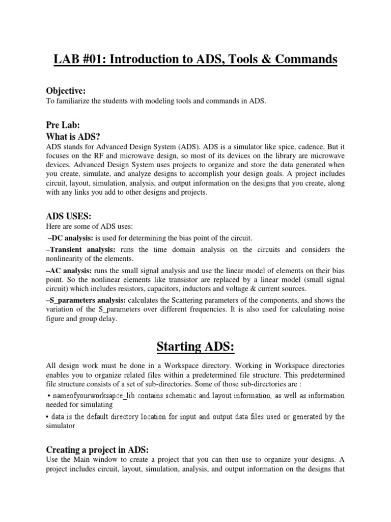 LAB #01: Introduction To ADS, Tools & Commands: Objective | PDF ...