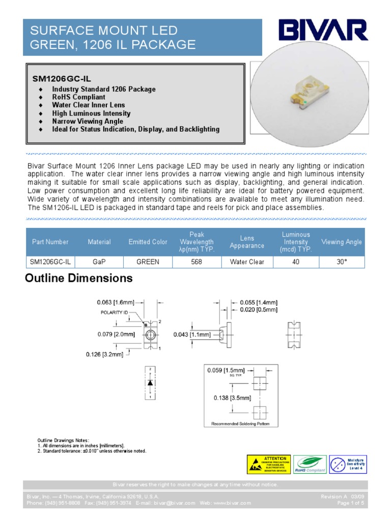 Surface Mount Led Green, 1206 Il Package: Outline Dimensions | PDF ...