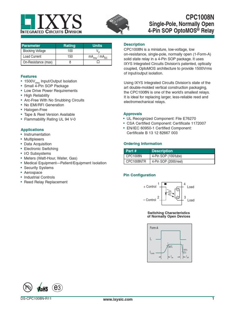 Cpc1008N: Single-Pole, Normally Open 4-Pin Sop Optomos Relay | PDF ...