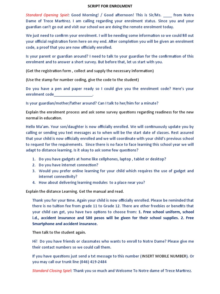 Script For Enrolment | PDF | Learning | Schools