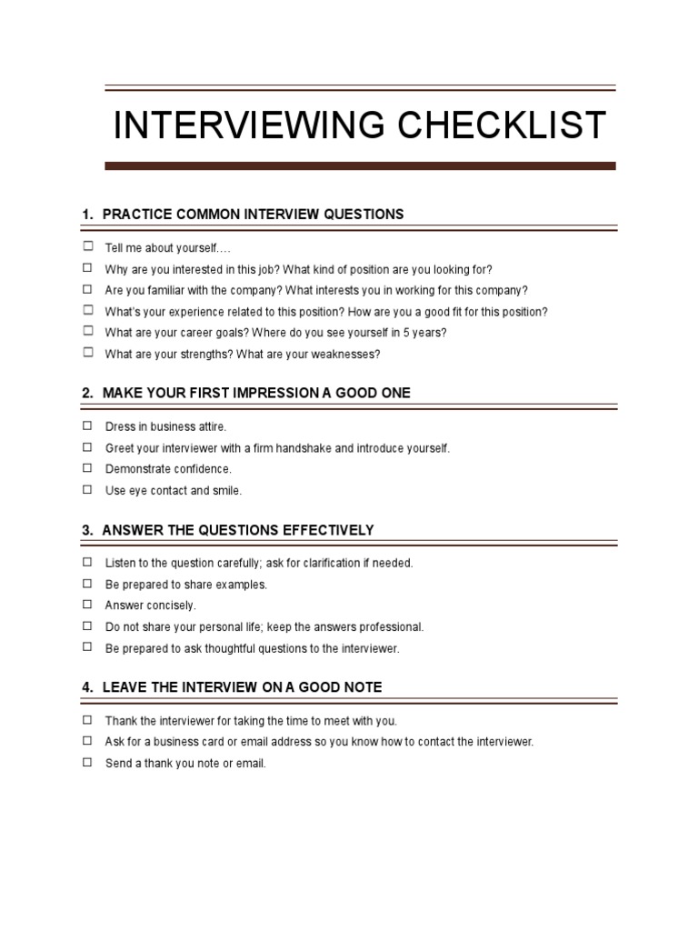 Interviewing Checklist: 1. Practice Common Interview Questions | PDF