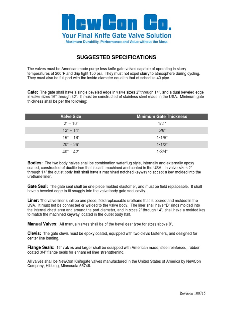 Newcon Suggested Specifications Rev 100715 | PDF | Valve | Pipe (Fluid ...