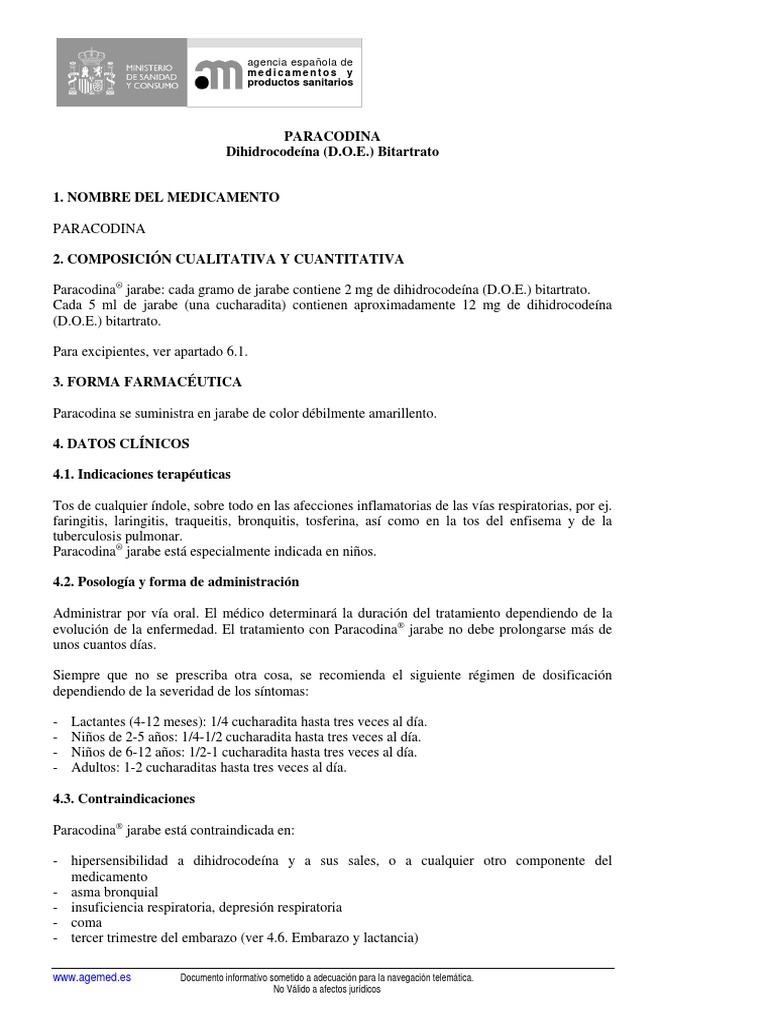 Paracodina Dihidrocodeína (D.O.E.) Bitartrato: Productos Sanitarios ...