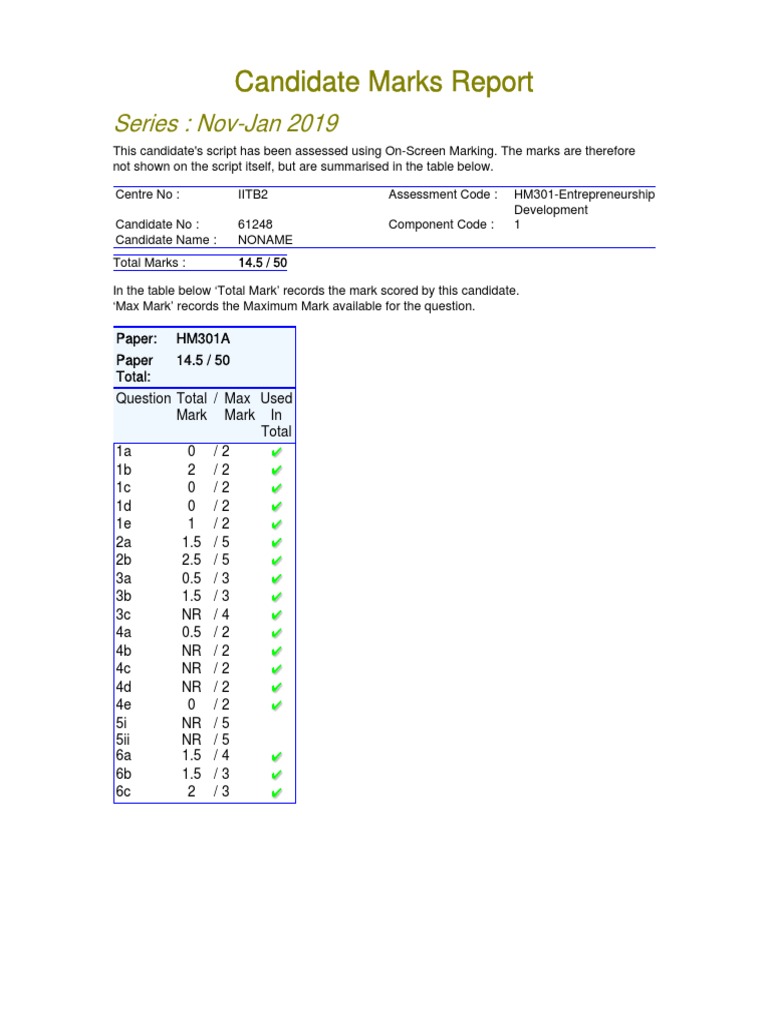 Candidate Marks Report: Series: Nov-Jan 2019 | PDF