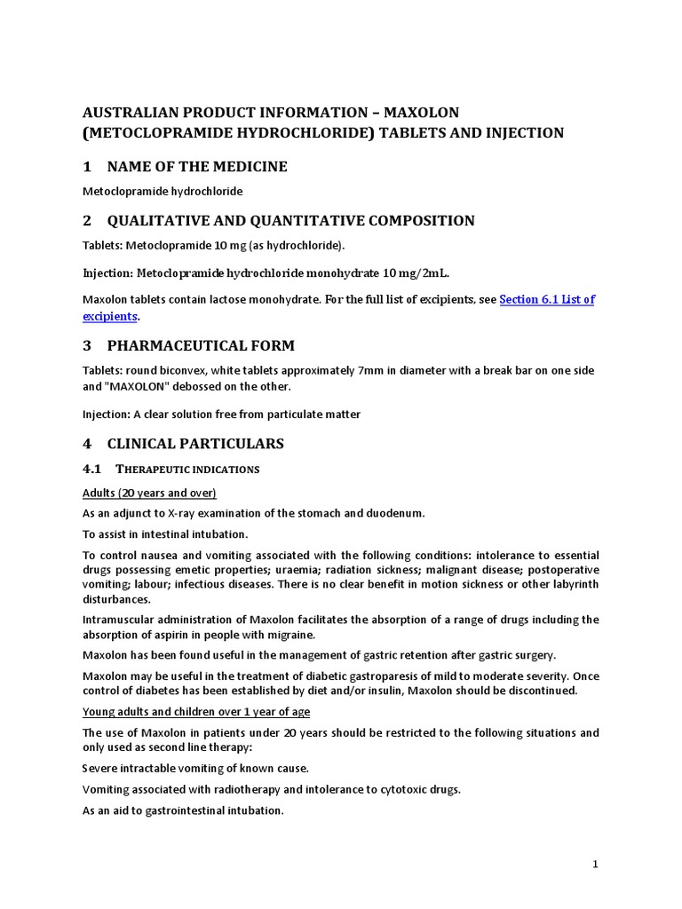 Australian Product Information - Maxolon (Metoclopramide Hydrochloride ...