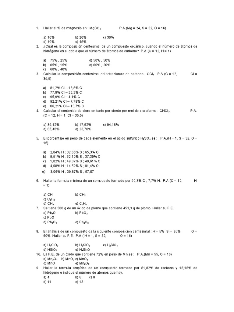 Composición Centesimal y Fórmula Empírica | PDF | Cloro | Moléculas