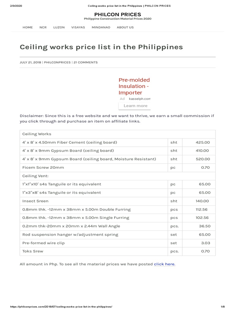 Ceiling Works Price List in The Philippines - PHILCON PRICES | PDF ...