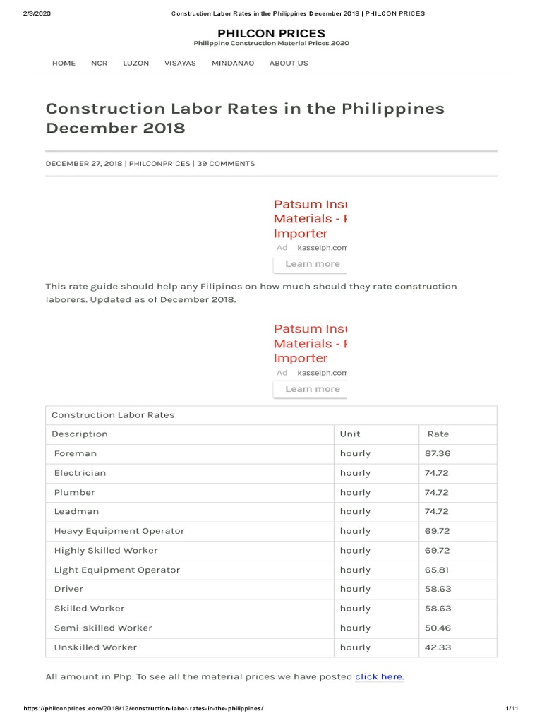 Construction Labor Rates in The Philippines December 2018 - PHILCON ...