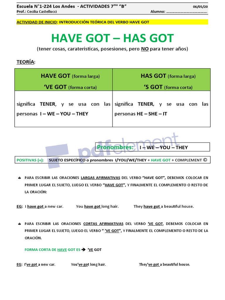 Have Got - Has Got - Afirmativo - 1er Parte | PDF | Asunto (gramática ...