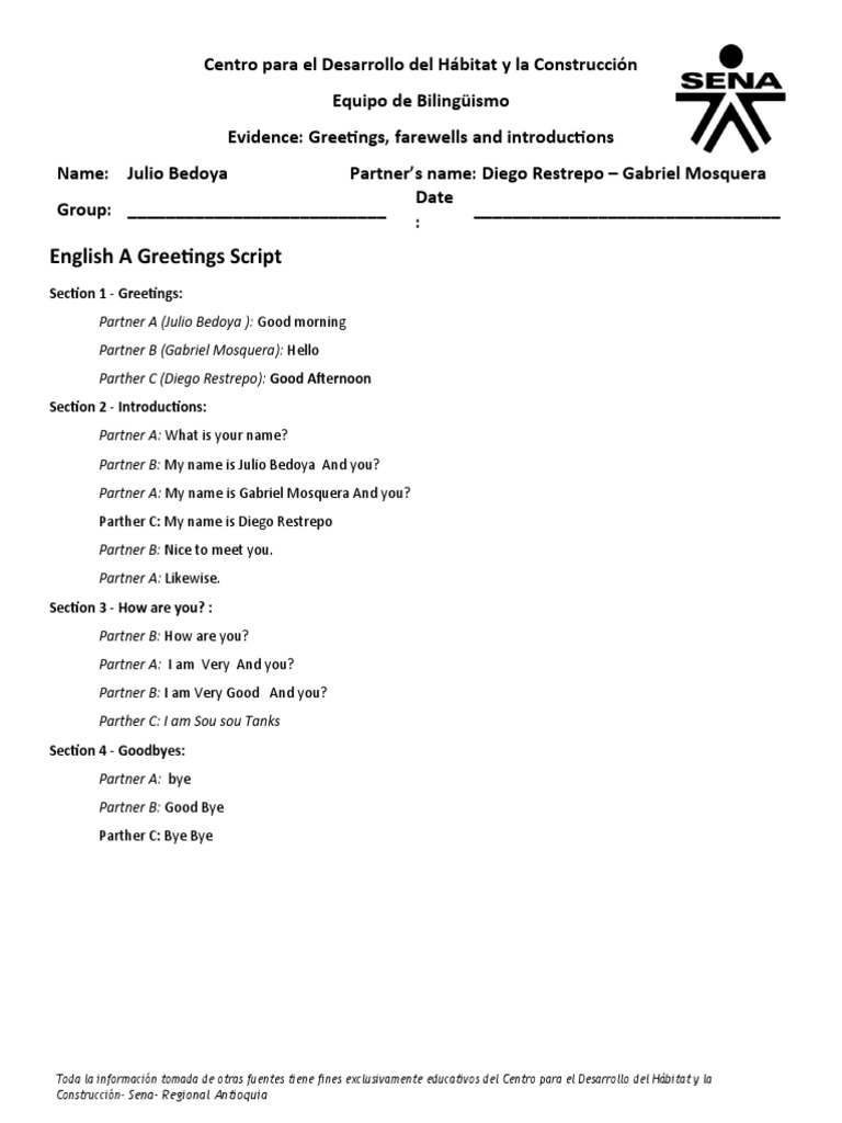 English A Greetings Script | PDF