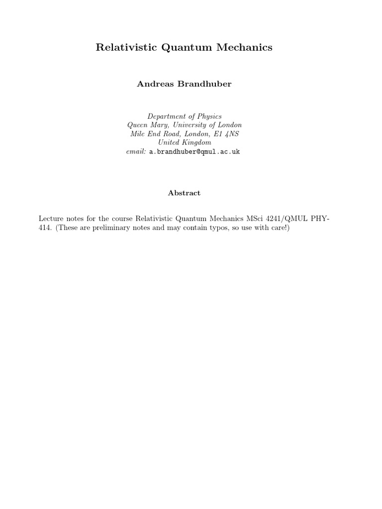 Relativistic Quantum Mechanics: Andreas Brandhuber | PDF | Hamiltonian ...
