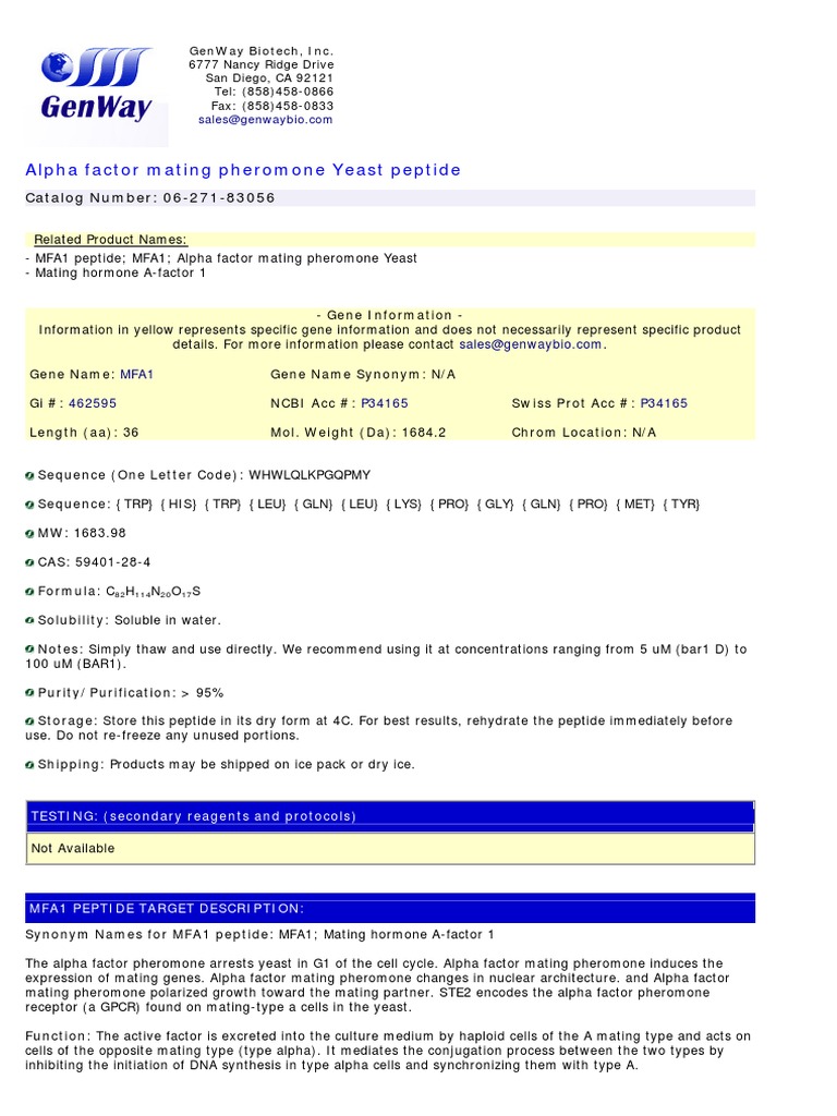 Alpha Factor Mating Pheromone Yeast Peptide: Catalog Number: 06-271-83056 | PDF | Saccharomyces ...